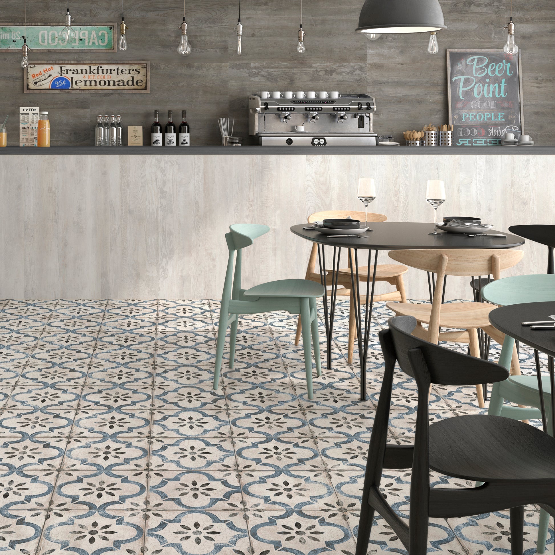 Blue, Grey and White Vintage Patterned Floor Tile - York Range |Tiles360