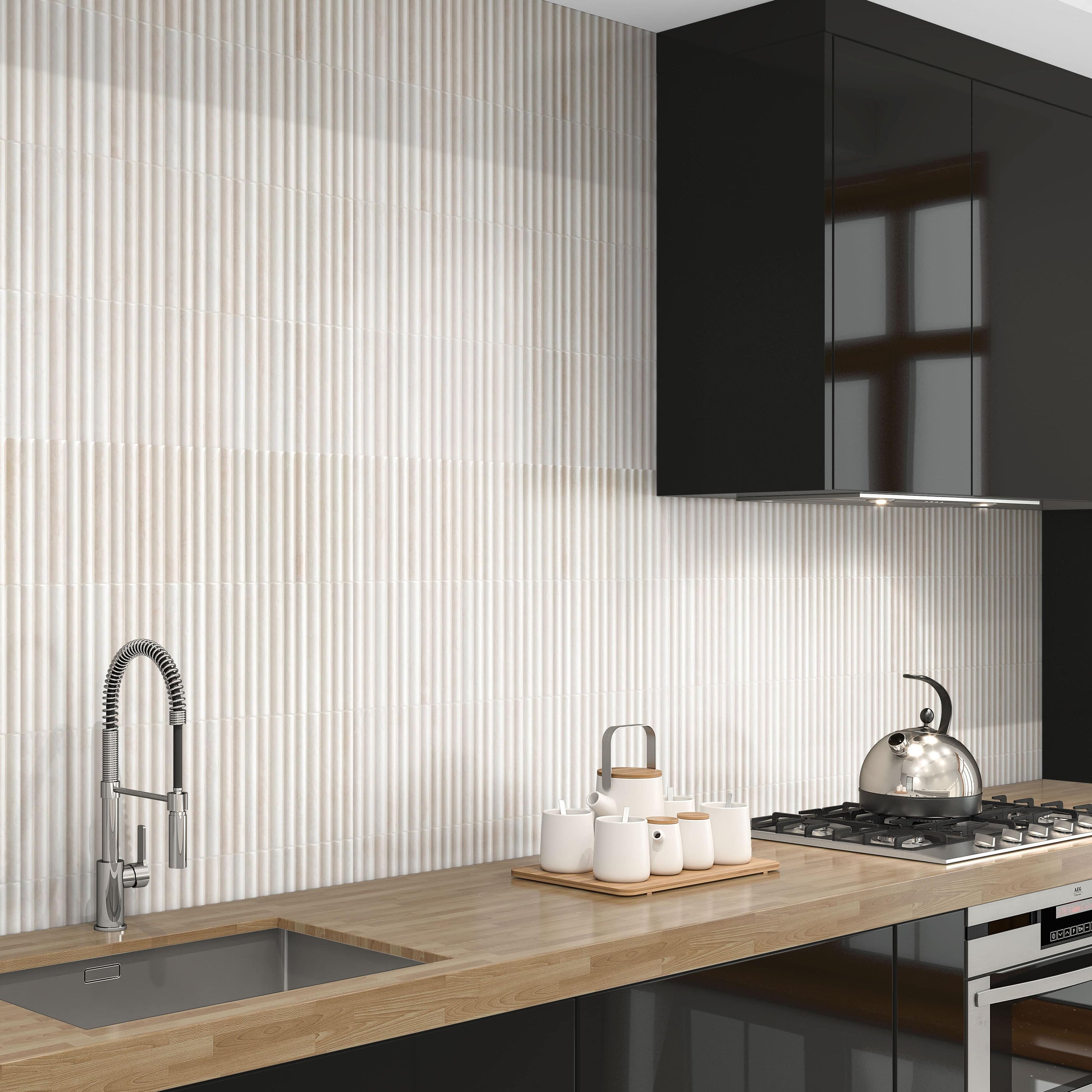 Reeded Ivory Ceramic Tile – Glossy Textured Wall Finish | Tiles360