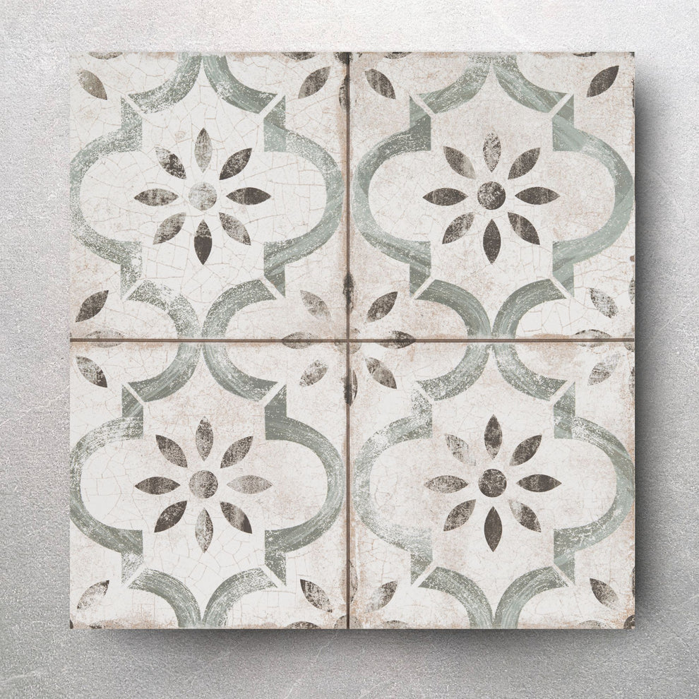 Green, Grey and White Vintage Patterned Floor Tile - York Range |Tiles360