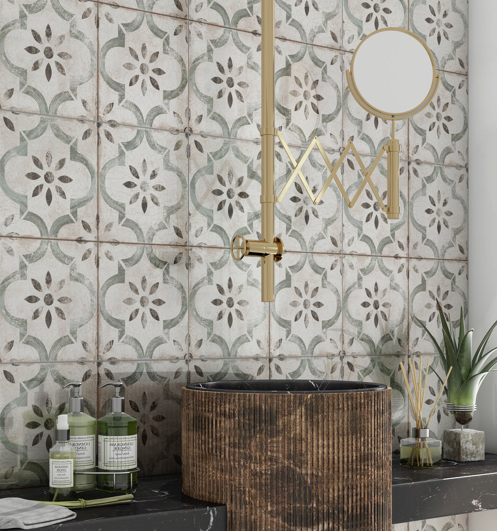 Green, Grey and White Vintage Patterned Floor Tile - York Range |Tiles360